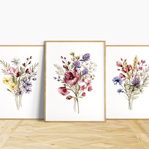 WATERCOLOR WILDFLOWER BOUQUETS, Set of 3 Prints, Watercolor Wall Art ...