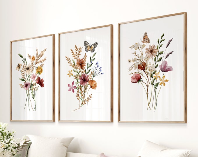 WATERCOLOR WILDFLOWER BOUQUETS, Set of 3 Prints, Watercolor Wall Art ...