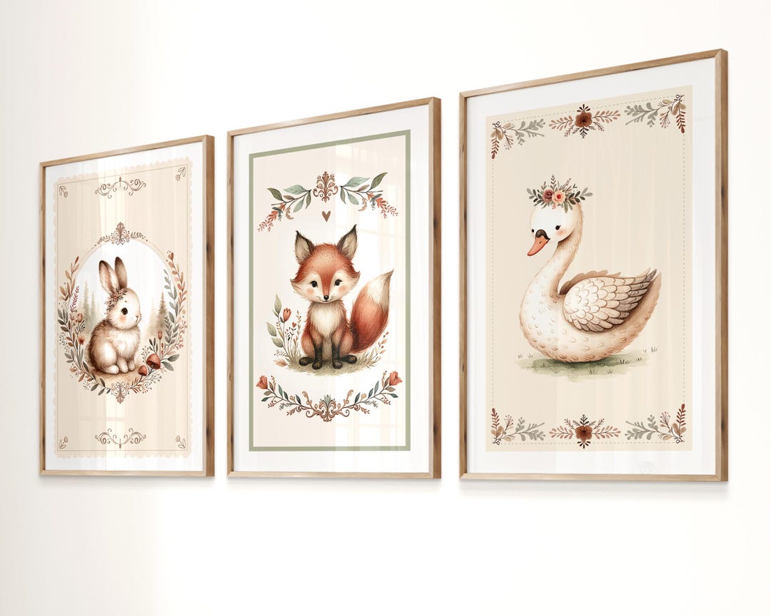 CUTE ANIMALS Wall Art Prints, Set of 3, Vintage Style Art, Neutral ...