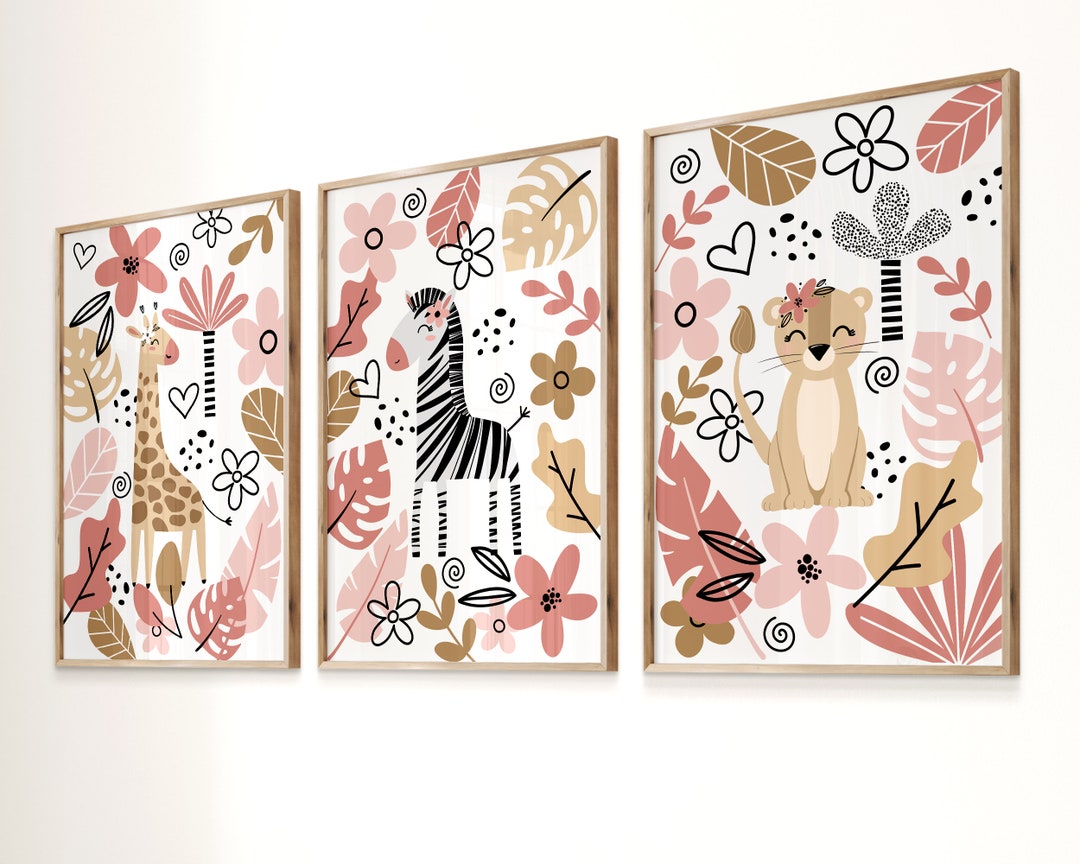 SAFARI WALL ART Prints, Set of 3, Safari Animals Art, Pink Jungle Decor ...