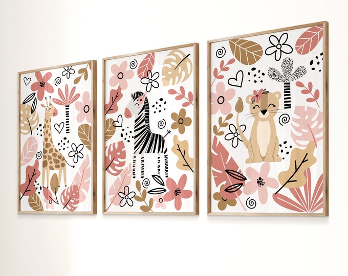SAFARI WALL ART Prints, Set of 3, Safari Animals Art, Pink Jungle Decor ...