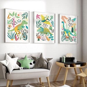 DINOSAUR WALL ART, Set of 3, Colorful Dino Decor, Dinosaur Art Prints ...