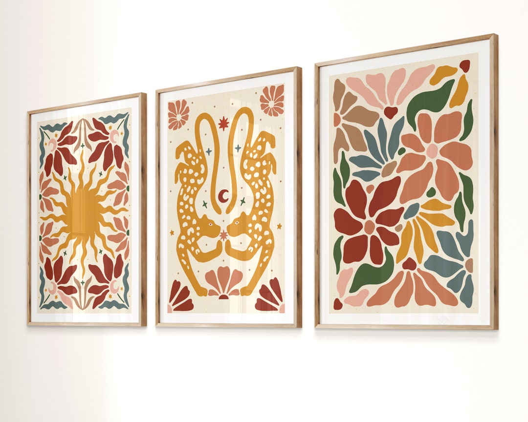 BOHO WALL ART, Set of 3 Prints, Groovy Posters, Flower Prints, Bohemian ...