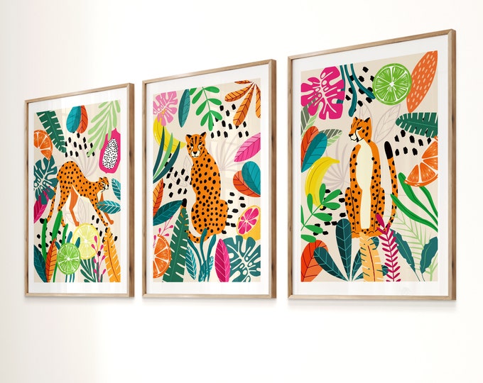 CHEETAH WALL ART Prints, Set of 3, Safari Animals Art, Colorful Cheetah ...