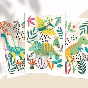 DINOSAUR WALL ART, Set of 3, Colorful Dino Decor, Dinosaur Art Prints ...