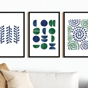 NAVY BLUE & GREEN Watercolor Wall Art, Set of 3 Prints, Abstract Art ...