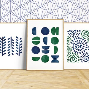 NAVY BLUE & GREEN Watercolor Wall Art, Set of 3 Prints, Abstract Art ...