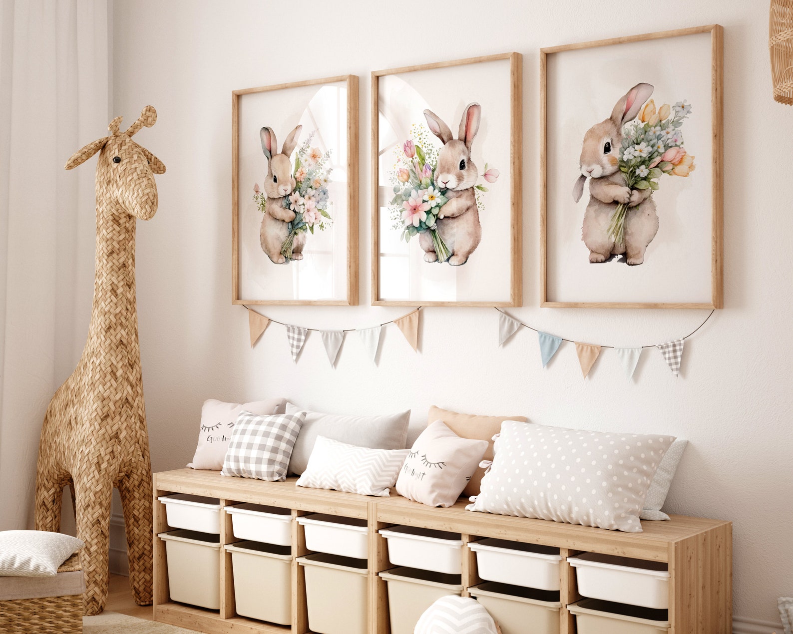 BUNNY RABBIT NURSERY Wall Prints Set of 3, Boho Nursery Prints, Floral ...