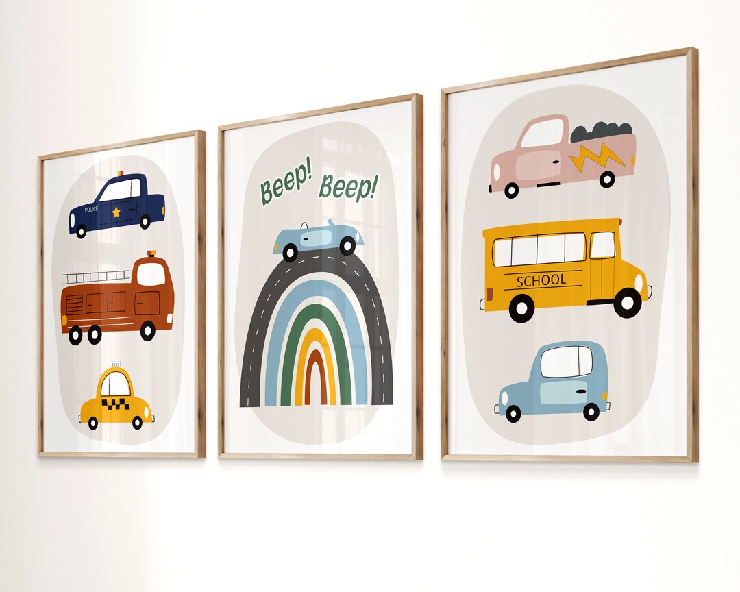 CARS WALL ART Set of 3, Nursery Decor, Transportation Wall Art, Boy ...