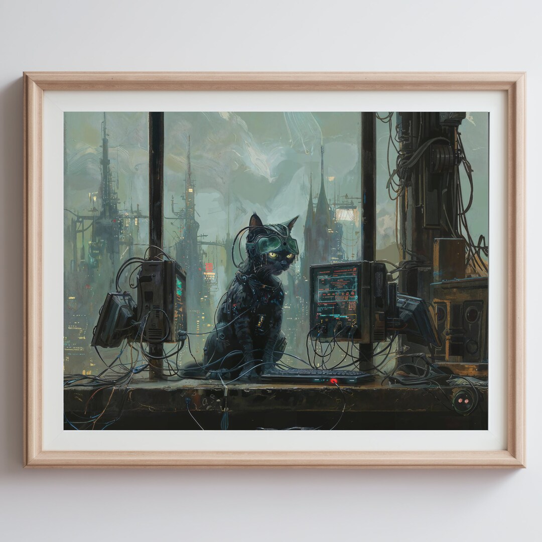 Cyberpunk Cat Hacker With Cyberware Painting Print | Poster | Art Print ...