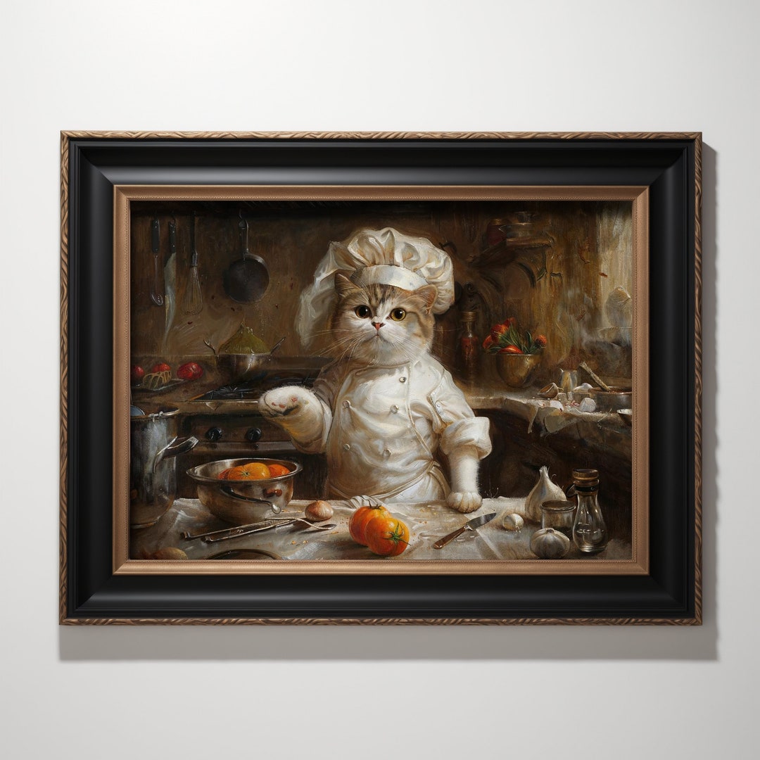 Adorable Chef Cat in Kitchen Digital Art Print | Whimsical Animal ...