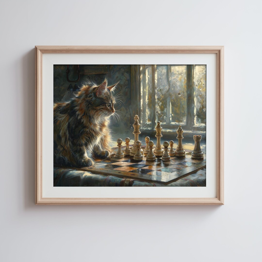 Majestic Maine Coon Cat Playing Chess Fine Art Animal Painting ...