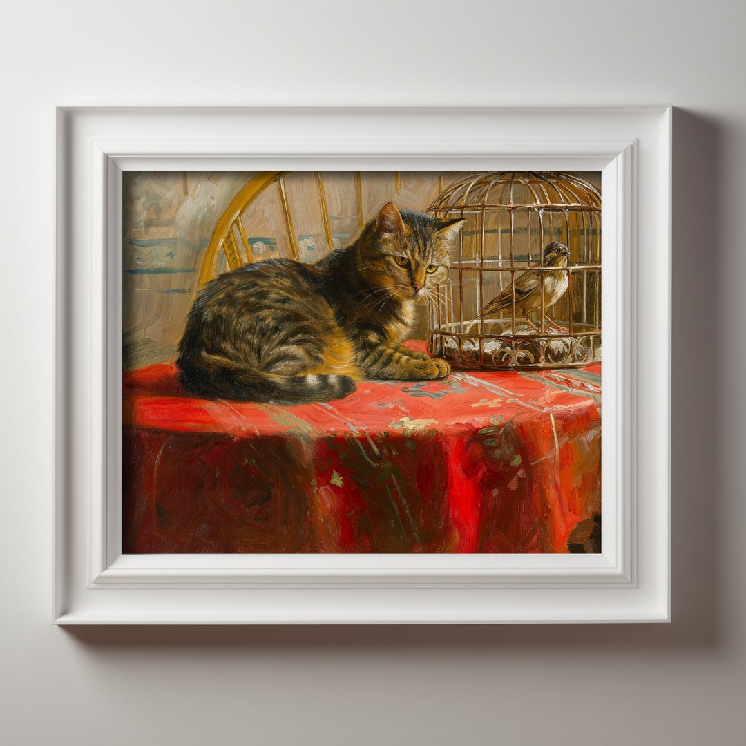 Quiet Contemplation: Cat Meets Caged Bird - A Digital Print Evoking ...