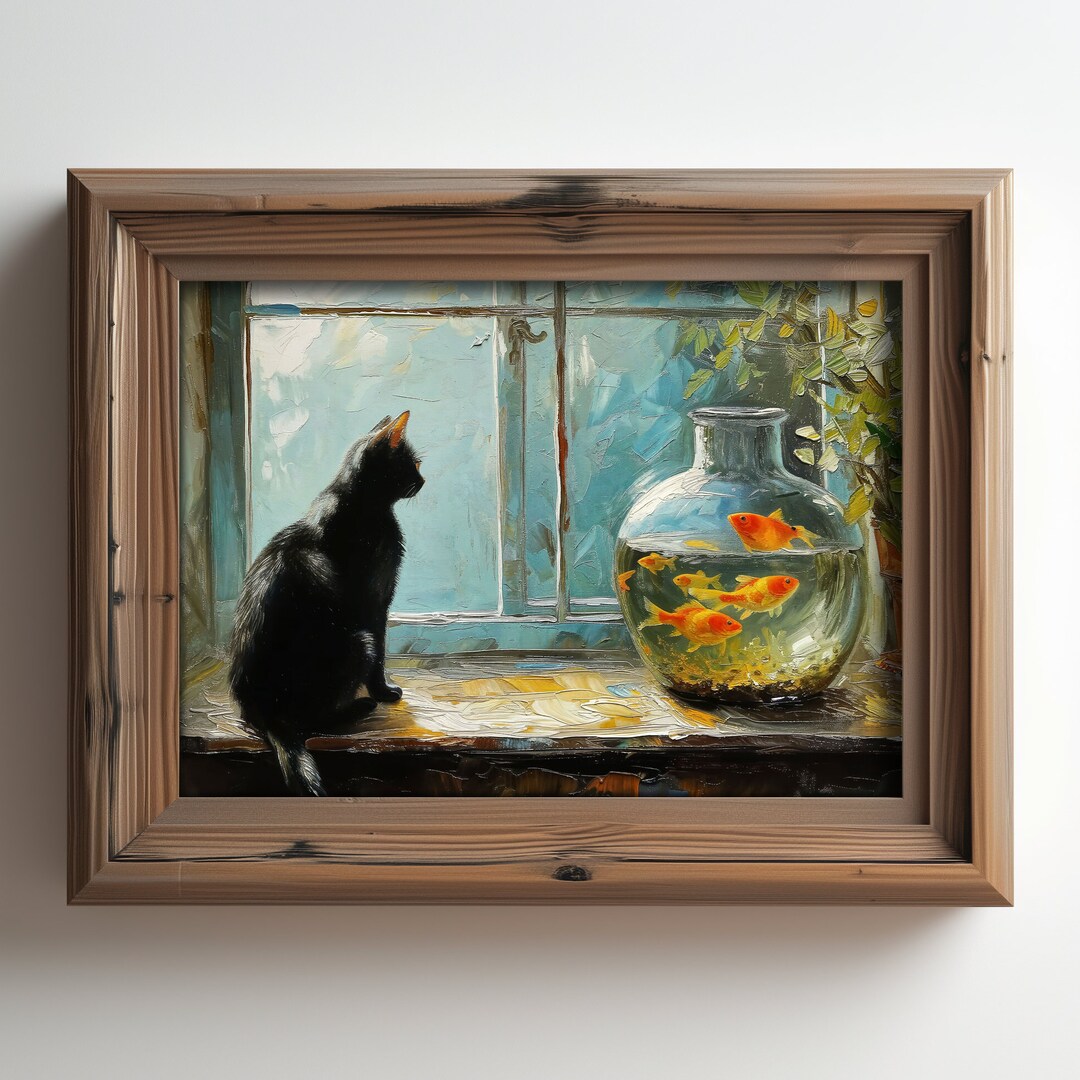 Curious Cat and Fish Tank Digital Print - Feline and Aquarium Art ...