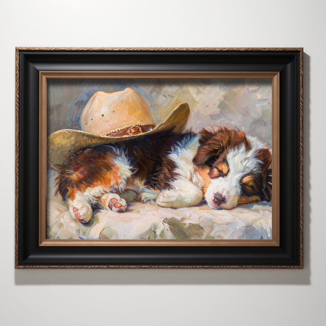 Australian Shepherd Puppy Nap & Cowboy Hat Digital Print - Charming ...