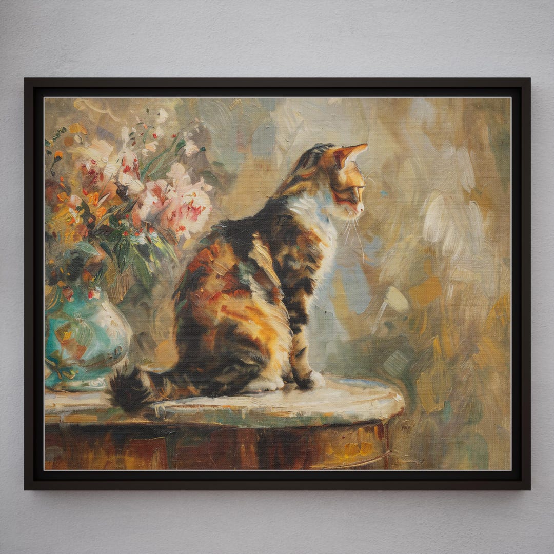 Vintage-style Cat Wall Art With Flowers - Framed Cat Canvas Print ...