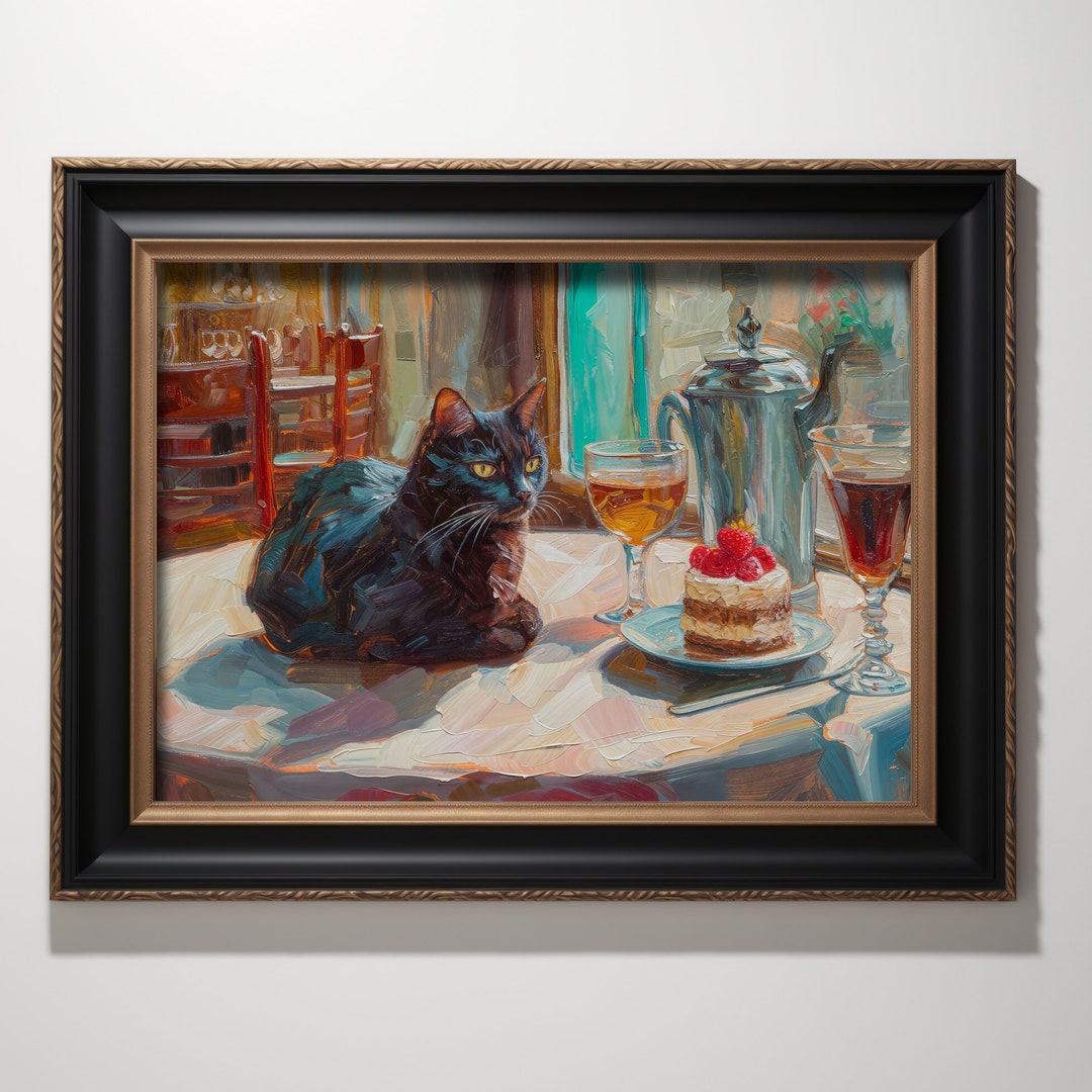 Black Cat & Raspberry Cake Art Print - Chic Kitchen Decor - Printable ...