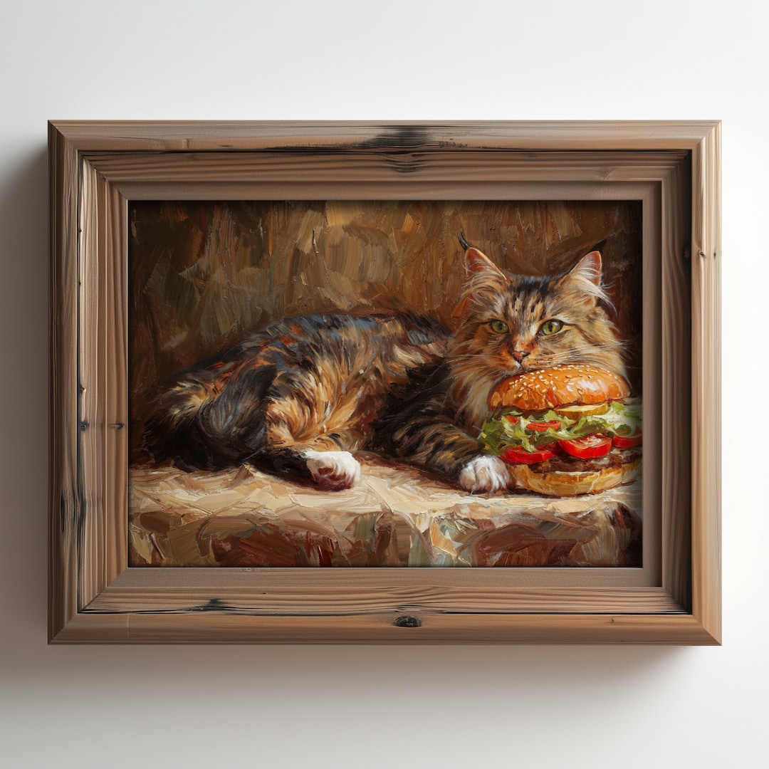 Burger Cat Art Print - Fast Food Joint Wall Art - Whimsical Pet Decor ...