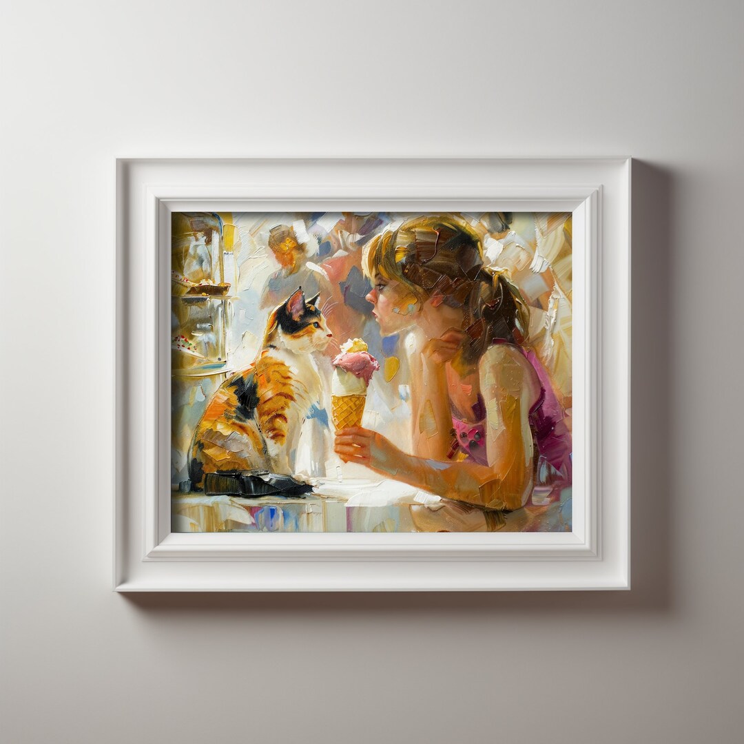Charming Cat & Girl Ice Cream Painting - Gelato Shop Wall Art Printable ...