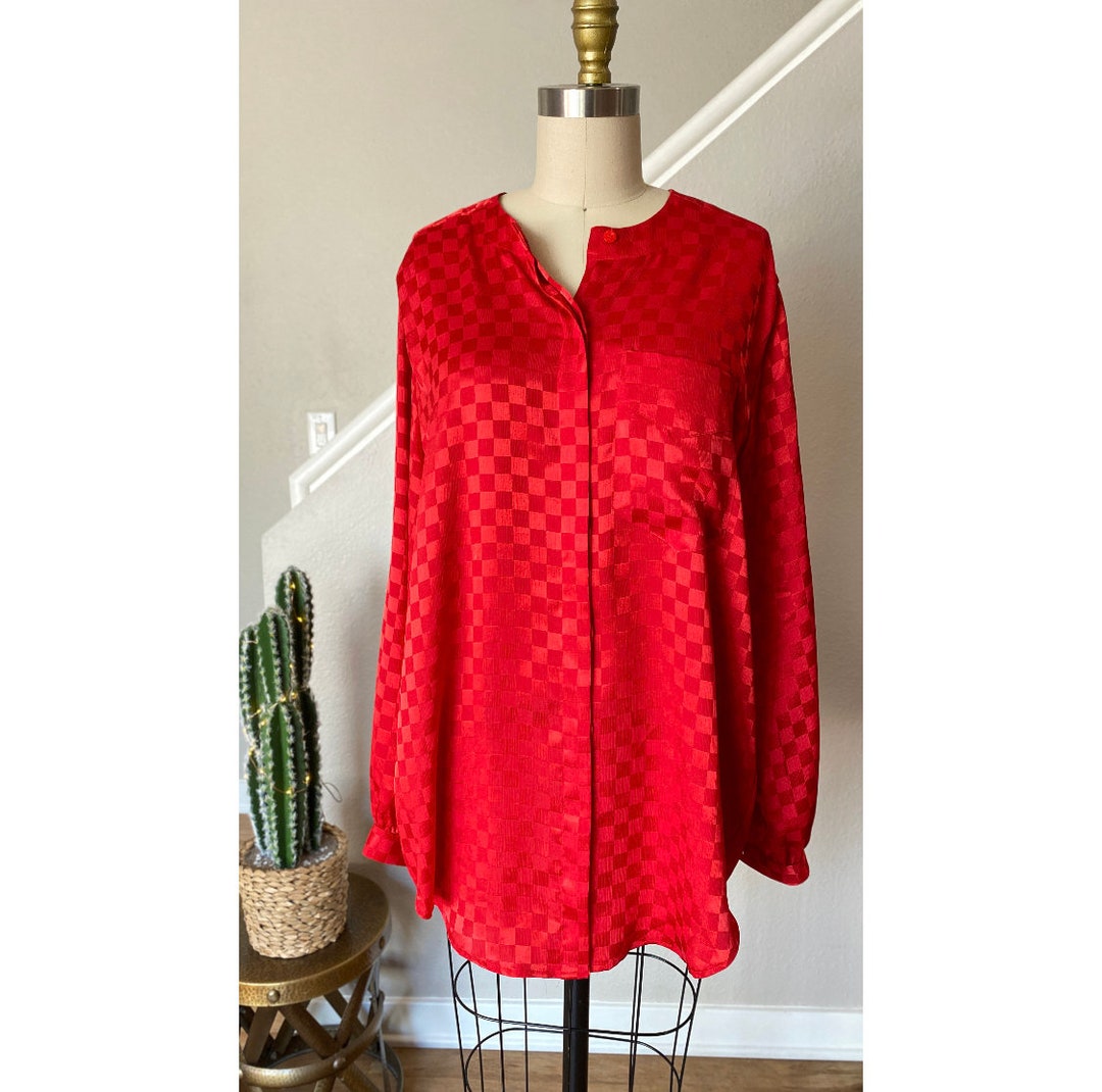 Checkerboard Mate | 1980's Red Check Pattern Blouse | Big Front Pocket ...