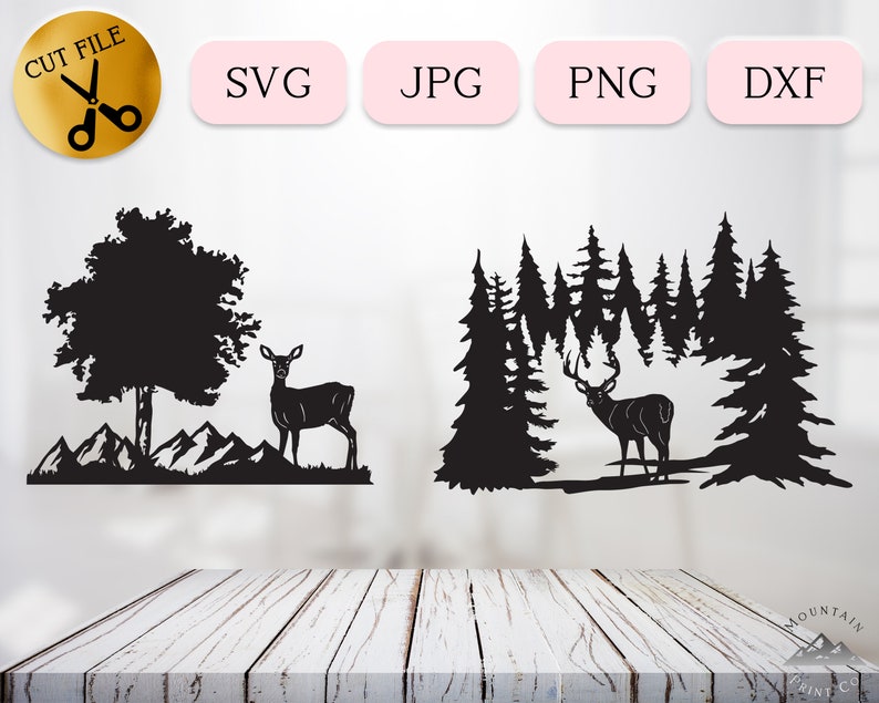 Stag and Doe Svg, Detailed Buck Svg, Deer in Forest Silhouette, Summer ...