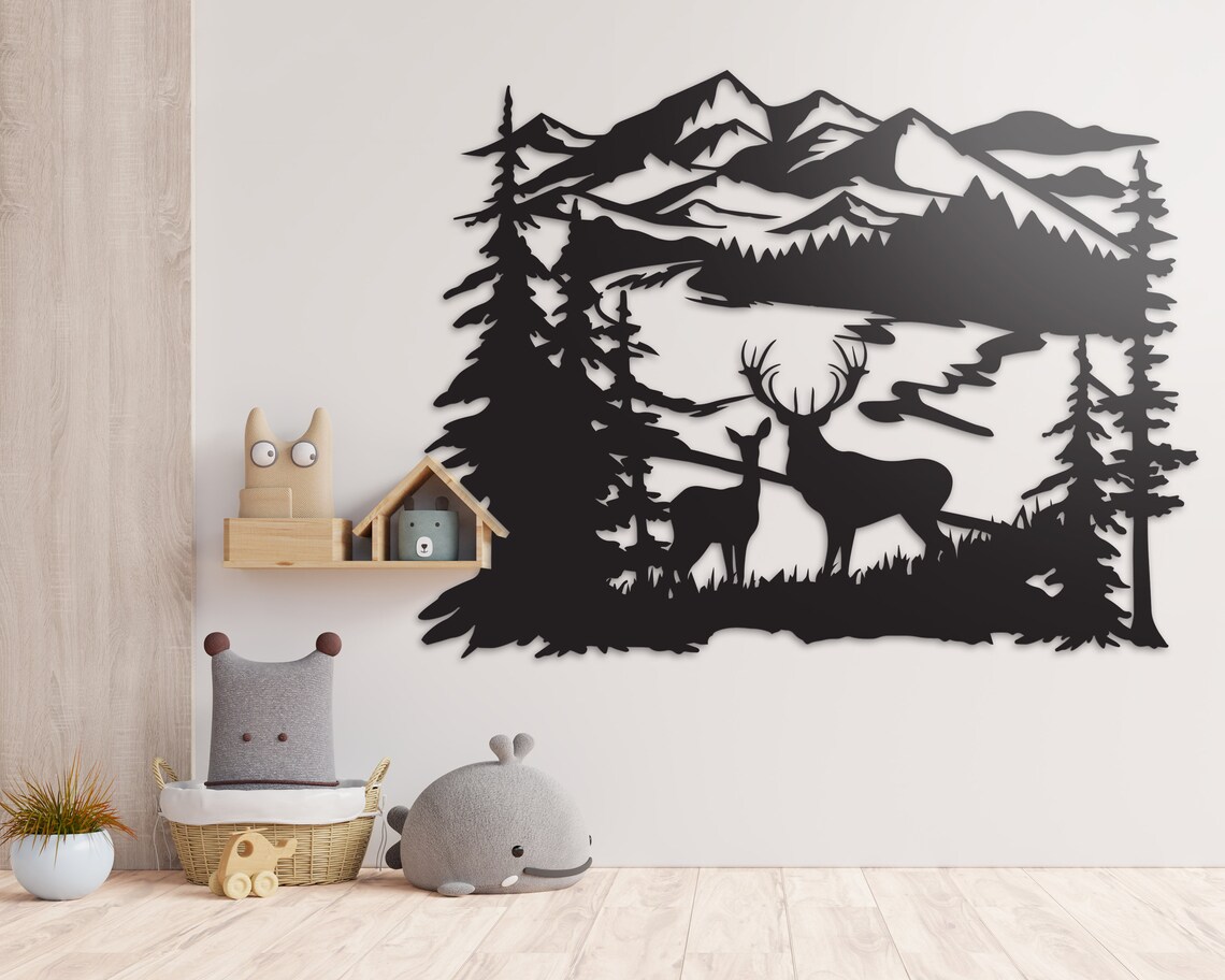 Mountain River Scene Svg Deer Couple Mountain Wildlife | Etsy