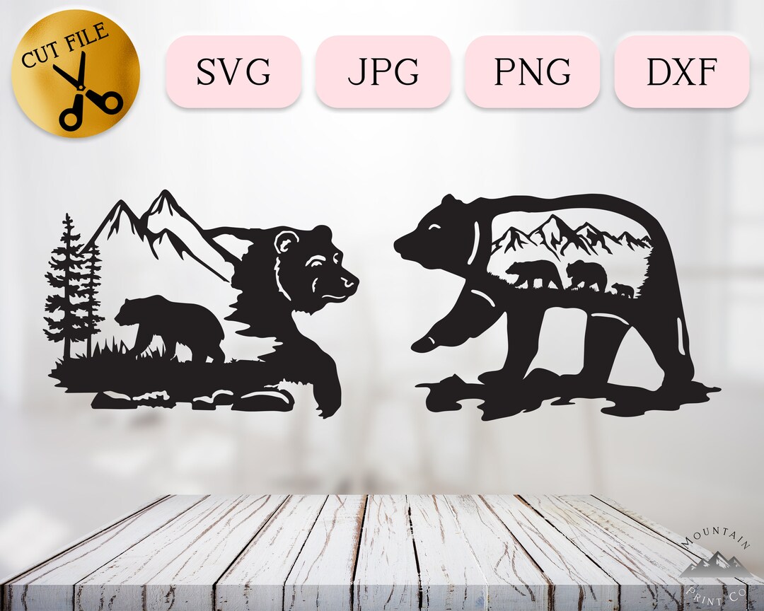 Detailed Bear in Forest Svg, Bear Family Silhouette, Bear Scene ...