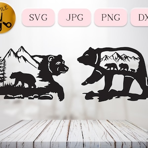 Detailed Bear in Forest Svg, Bear Family Silhouette, Bear Scene ...