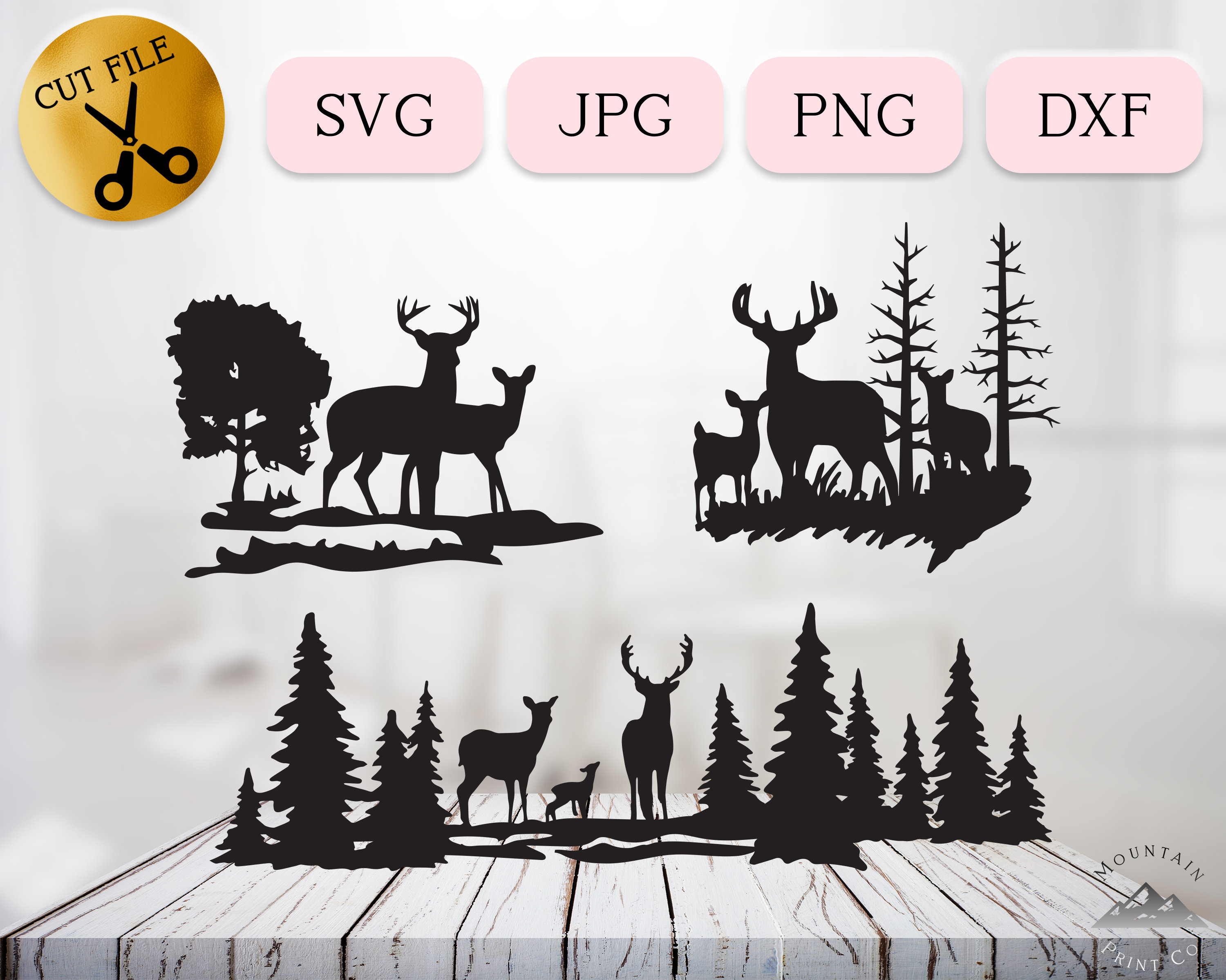 Buck and Doe in Forest Svg Bundle, Forest Deer Scene Digital Download ...