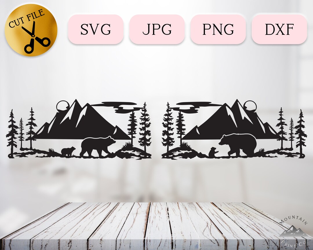 Bear SVG, Mama Bear Cub With Mountain Svg, Woods Silhouette, Nature ...