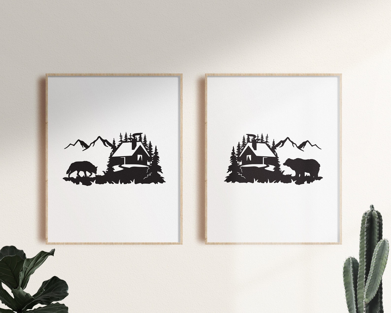 Log Cabin With Bear SVG, Wood Cabin Wolf DXF, Winter Cottage Vector ...