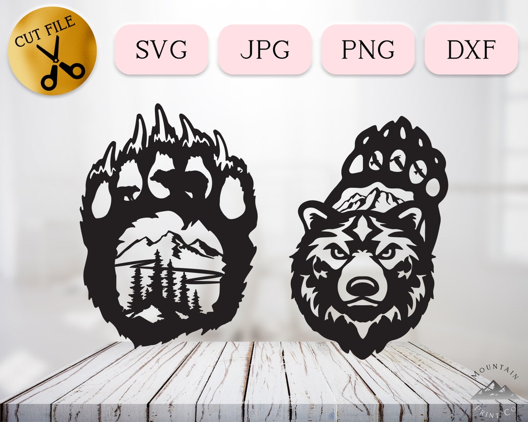 Nature Scene in Bear Paw SVG, Wild Grizzly Bear Silhouette, Woodland ...