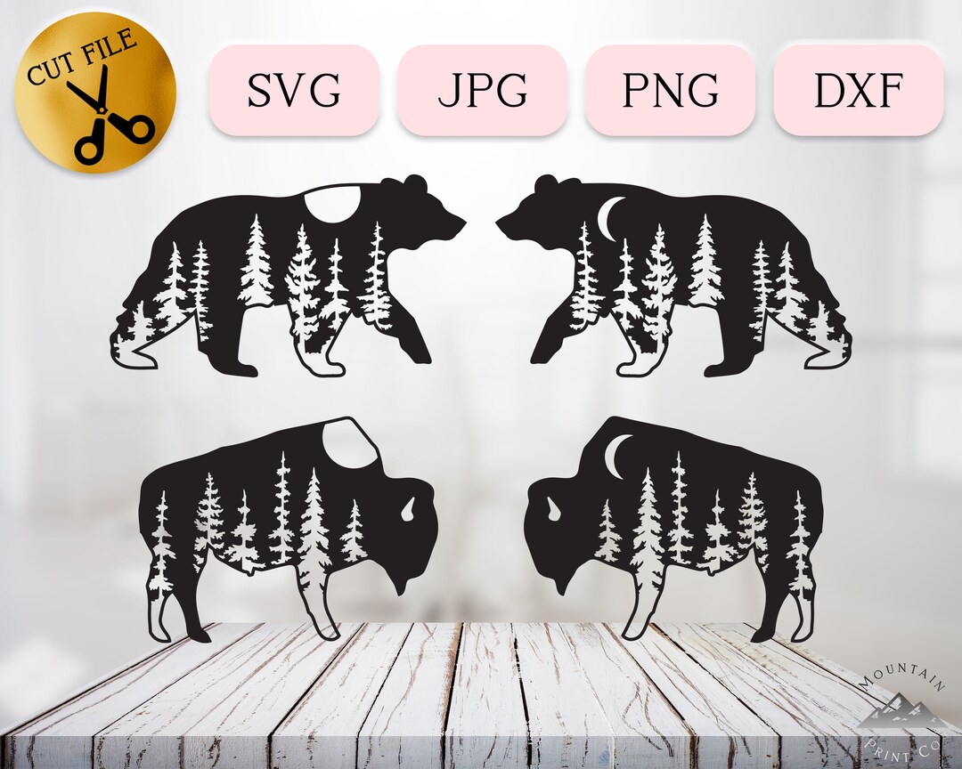 Bear With Trees Silhouette SVG Bundle, Forest Bison Scene DXF ...