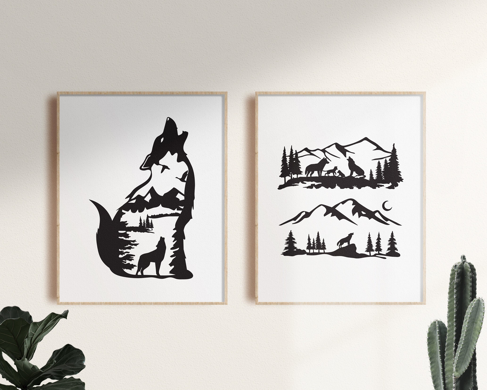 Howling Wolf Landscape SVG Bundle Wolf pup family silhouette | Etsy