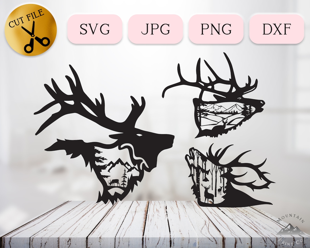 3 Bugling Elk Silhouette SVG Bundle, Birch Landscape Vector Cut File ...