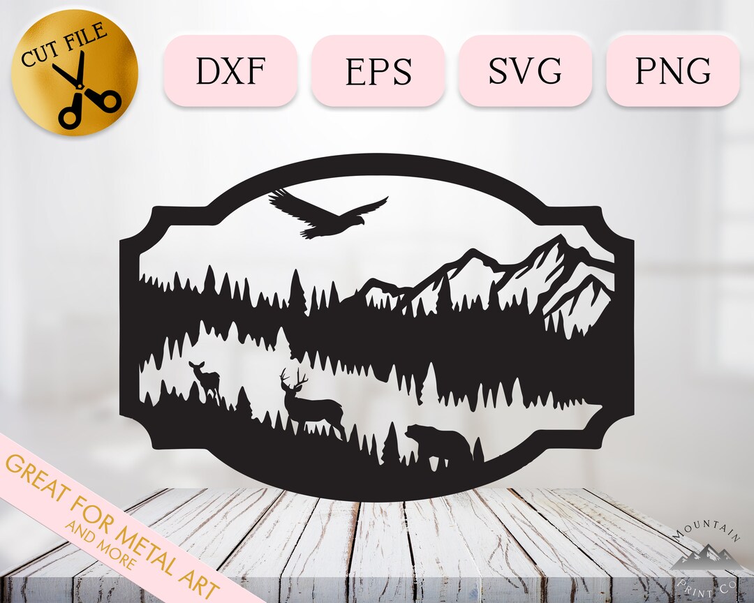 Alpine Svg Scene, Mountainside Wildlife Silhouette, Framed Eagle Dxf ...