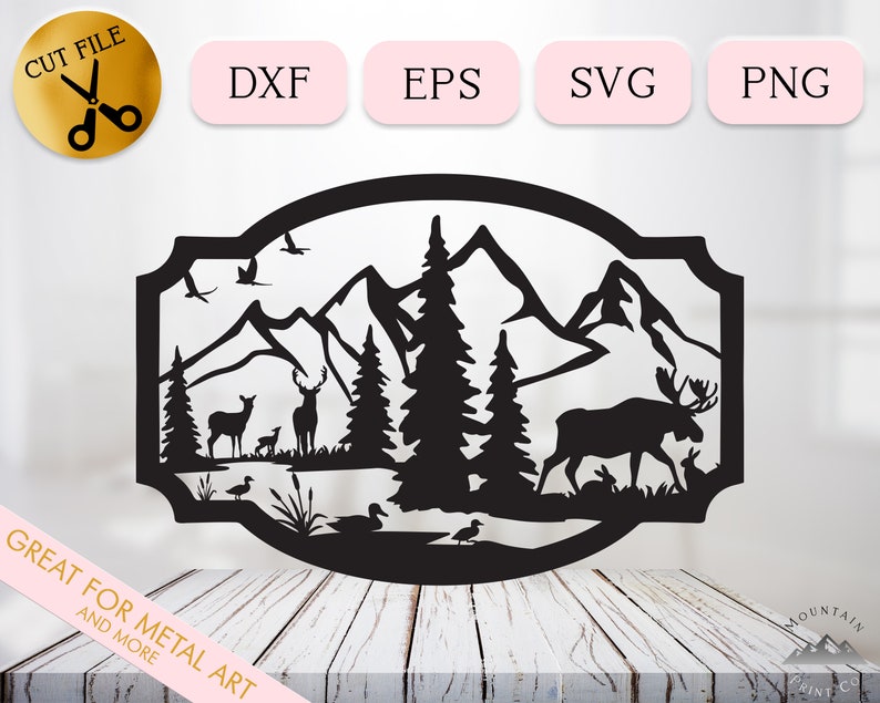 Mountain Lake Scene Svg Cut File Deer and Moose Dxf Forest - Etsy