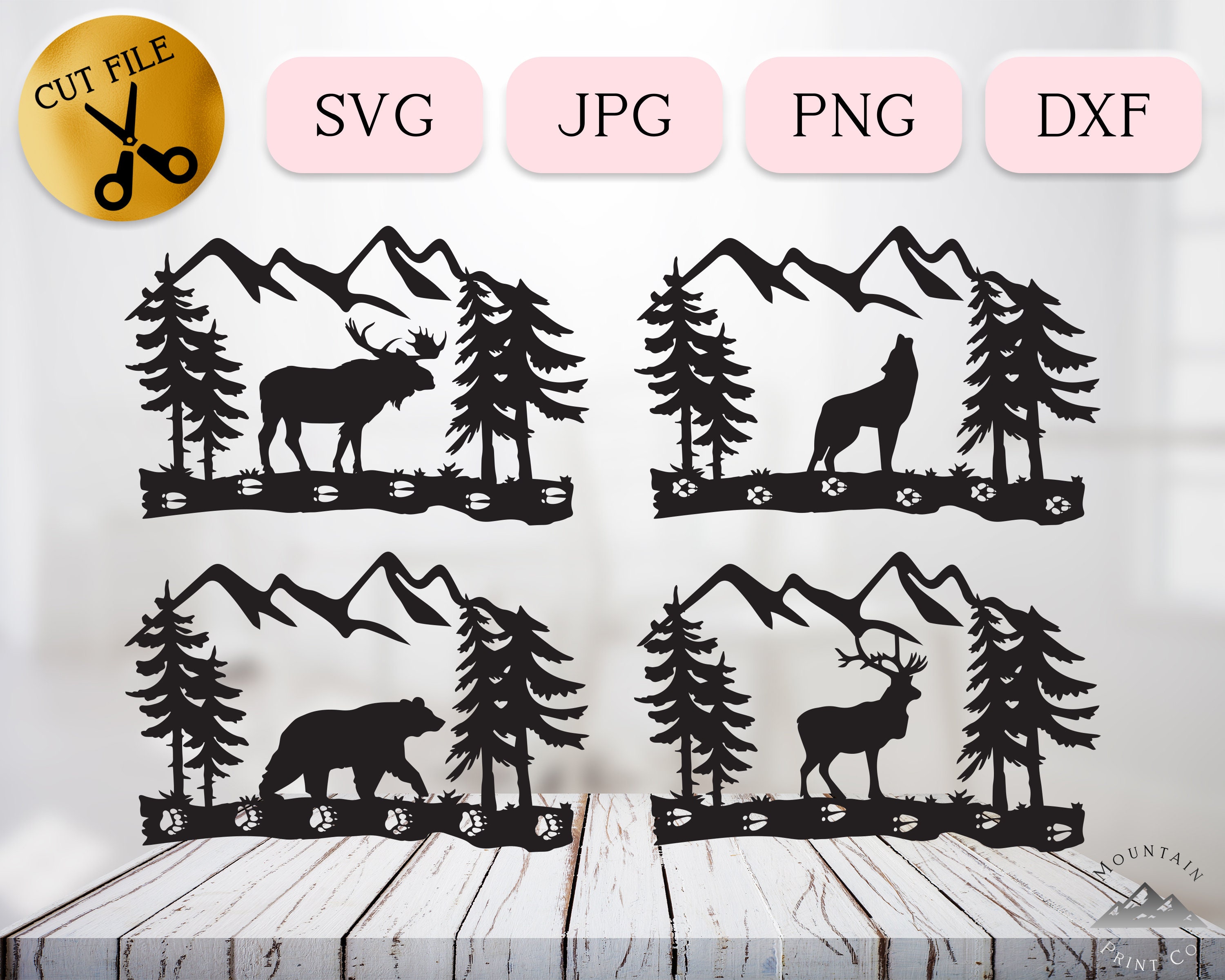 Mountain and Trees SVG, Wildlife Animal Silhouette DXF, Wild Bear Paw ...