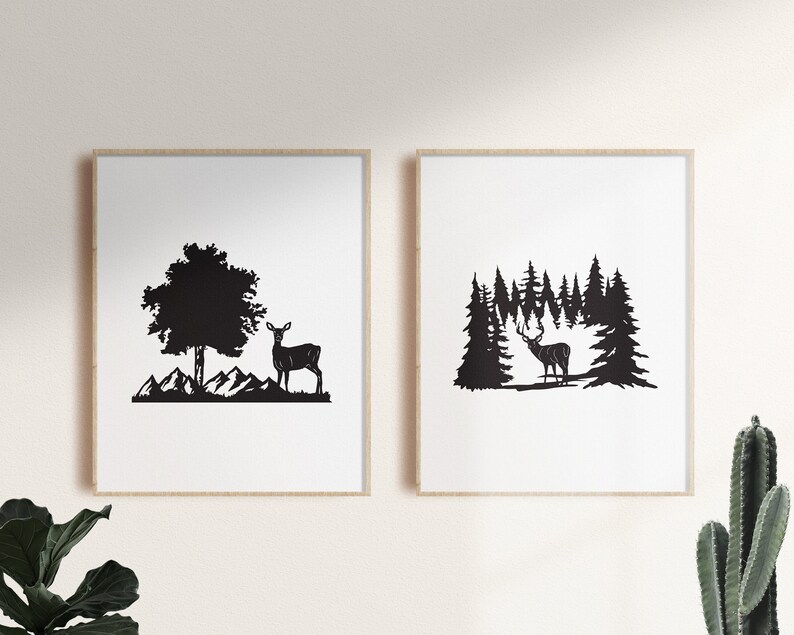 Stag and Doe Svg, Detailed Buck Svg, Deer in Forest Silhouette, Summer ...