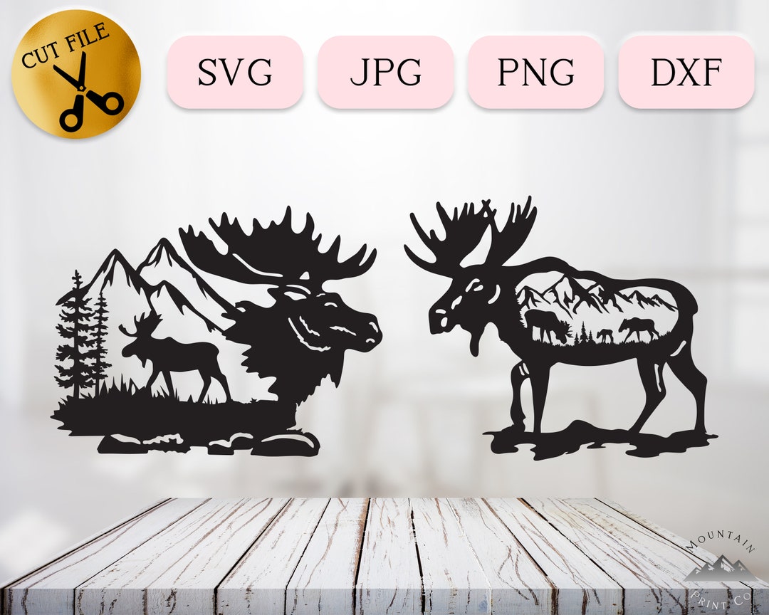 Detailed Moose Svg File Cricut, Moose Silhouette With Forest, Mountain ...