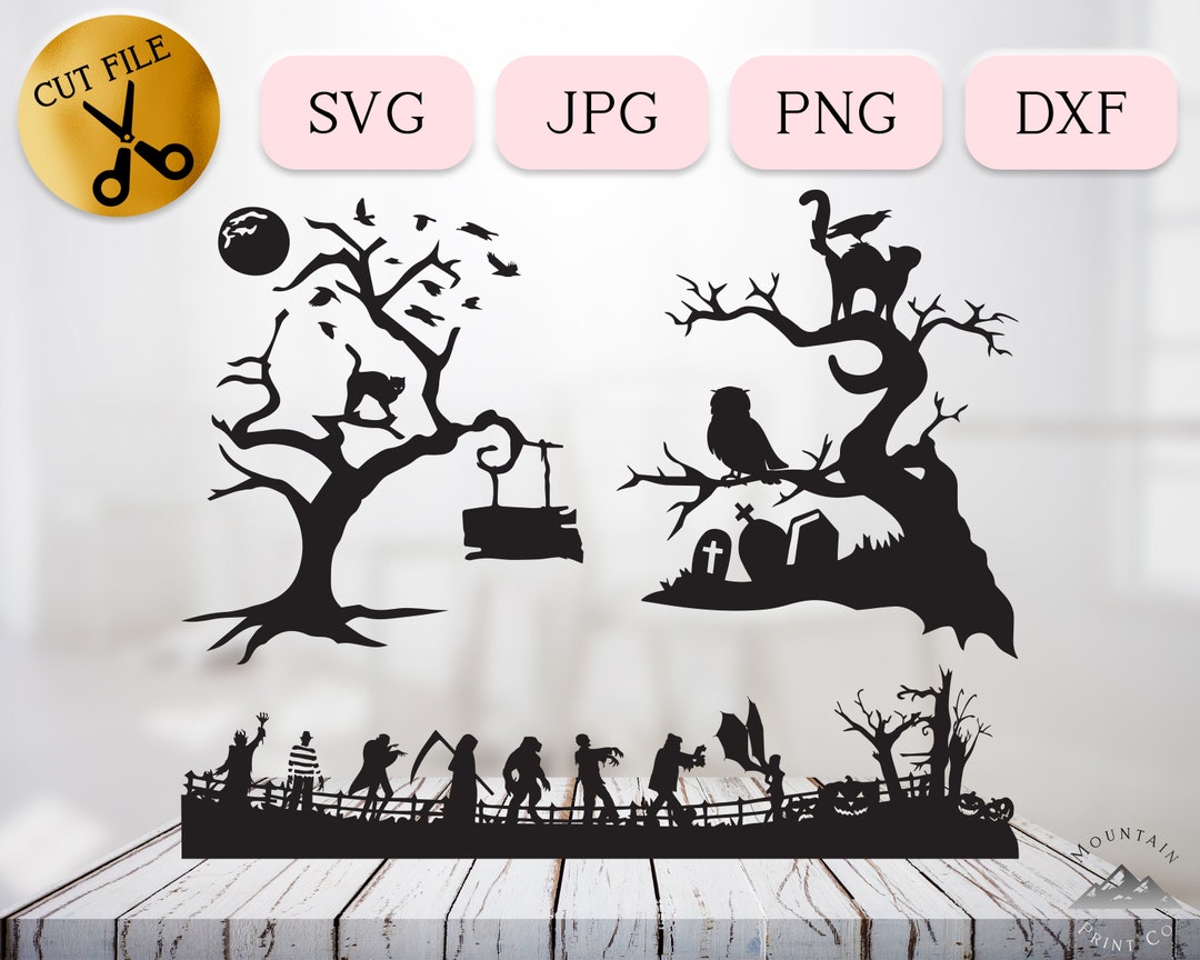 Graveyard Scene Svg, Halloween Monsters Clipart, Spooky Tree Silhouette ...