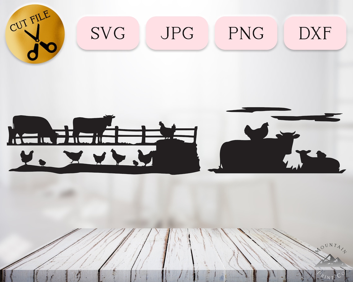 Chicken and Cow Svg Farm Animal Scene Rooster and Cattle - Etsy