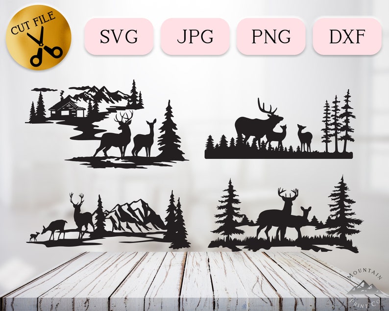 4 Outdoor Woodland Deer Scene SVG Bundle, Wildlife Deer Silhouette ...