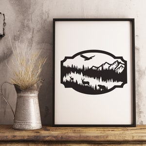 Alpine Svg Scene, Mountainside Wildlife Silhouette, Framed Eagle Dxf ...