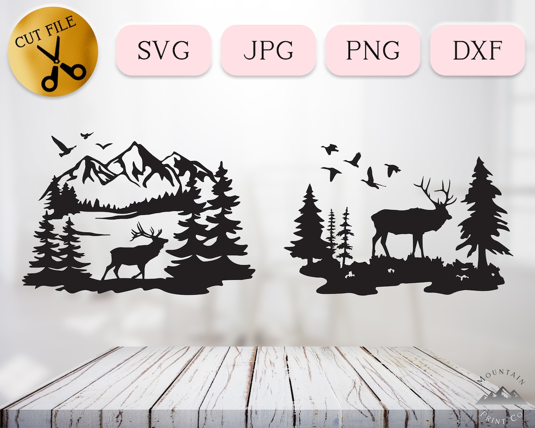 Elk Scene With Birds Svg, Nature Scene Silhouette, Elk in the Forest ...