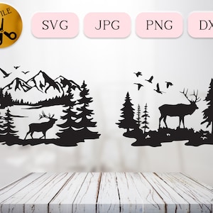 Elk Scene With Birds Svg, Nature Scene Silhouette, Elk in the Forest ...