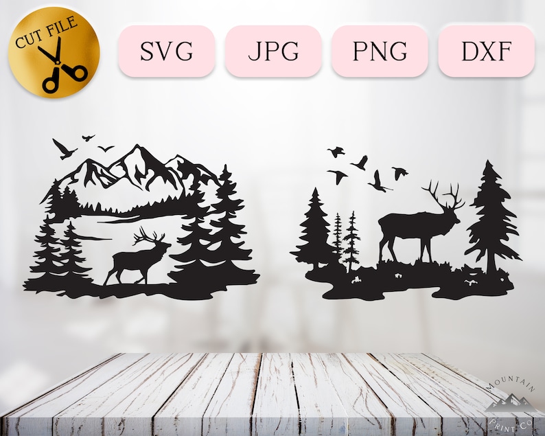 Elk Scene With Birds Svg Nature Scene Silhouette Elk in the - Etsy