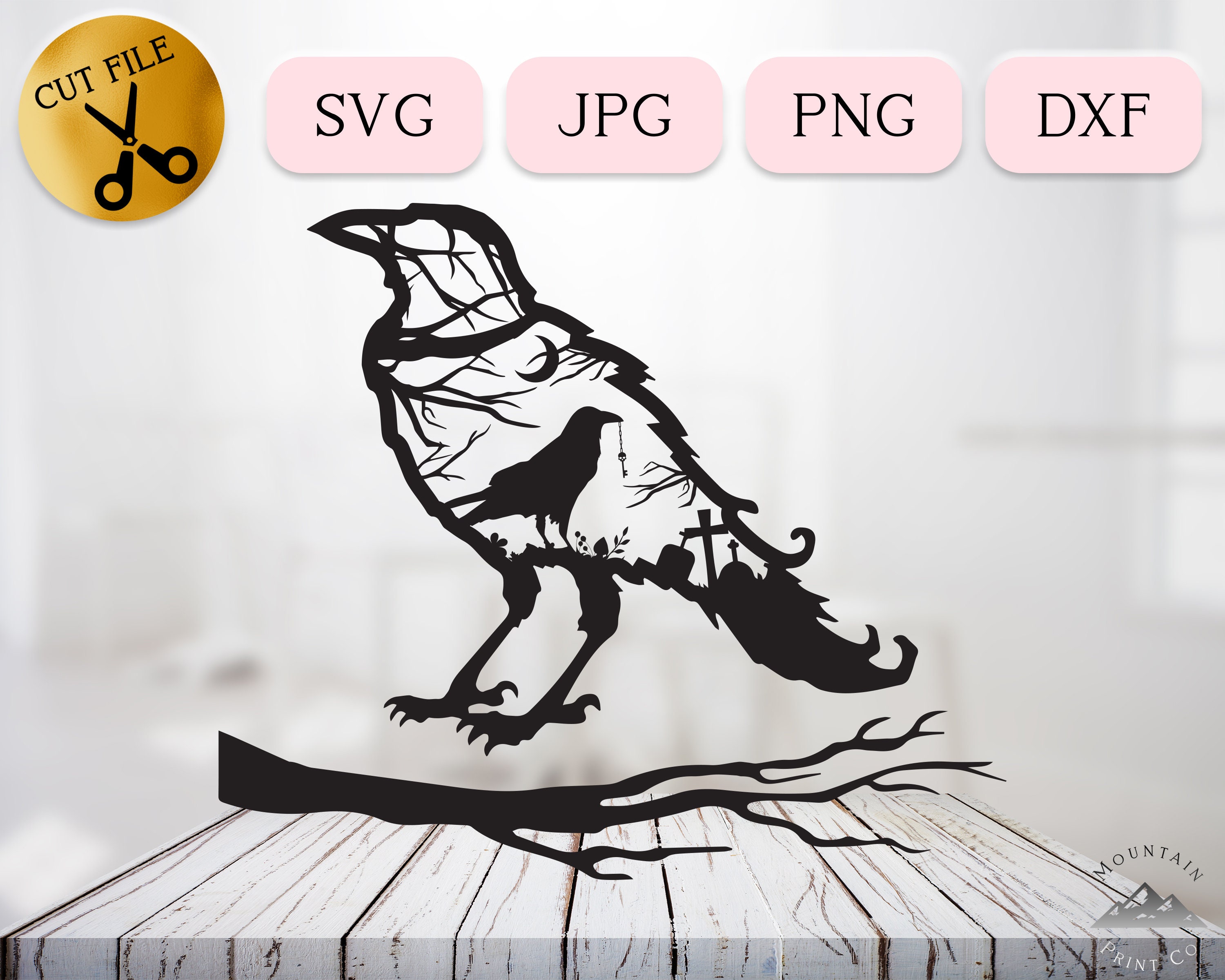 The Raven SVG, Scary Halloween Scene, Raven Silhouette Graveyard Svg ...
