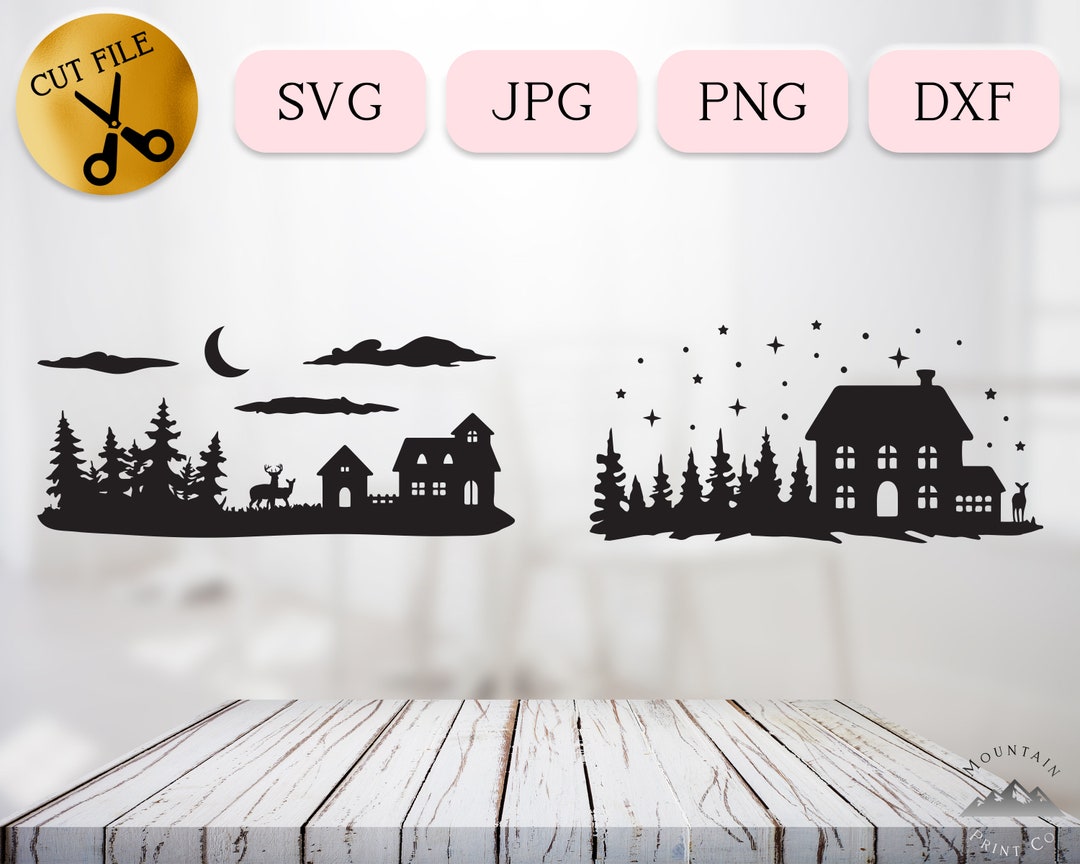 Rural Estate Svg, Snowing Deer Scene Silhouette, Winter Cabin Svg, Home ...