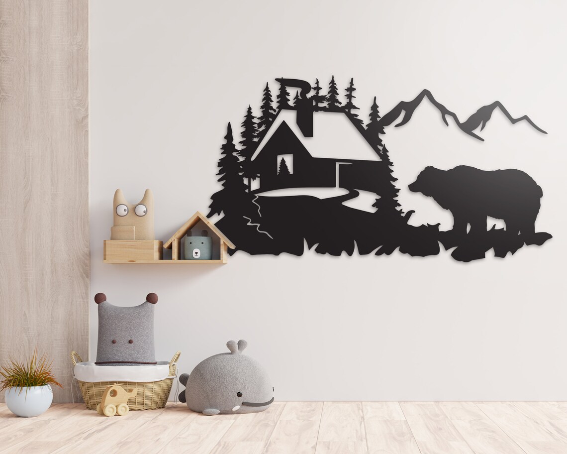 Log Cabin With Bear SVG Wood Cabin Wolf DXF Winter Cottage | Etsy